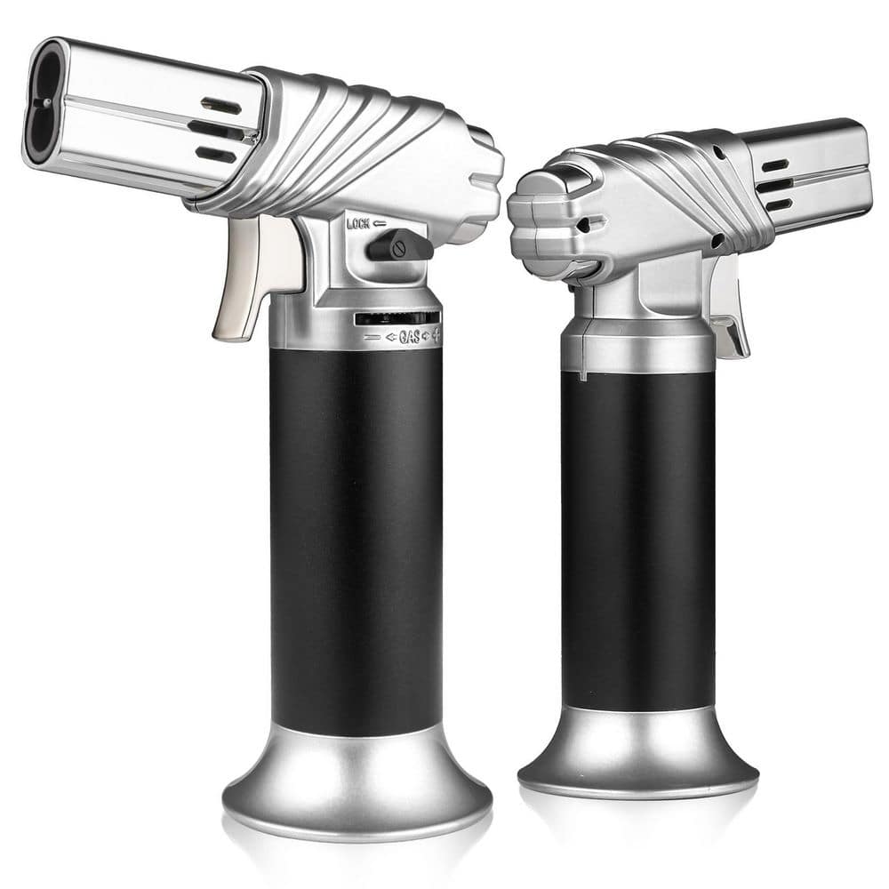 Set of 2 Silver Butane Torch Lighter with Adjustable Flame and Safety ...