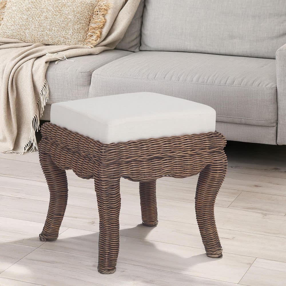 JONATHAN Y Rowan 19.7 in. Bohemian Designer Woven Rattan/Wood Ottoman ...