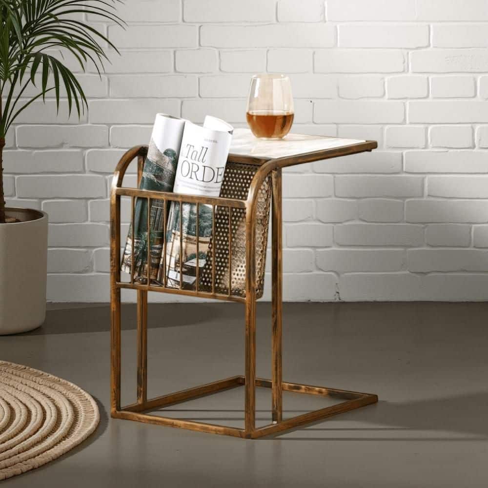 Benjara Anzy 12 in. Brass and White Rectangular Marble Side Table with ...