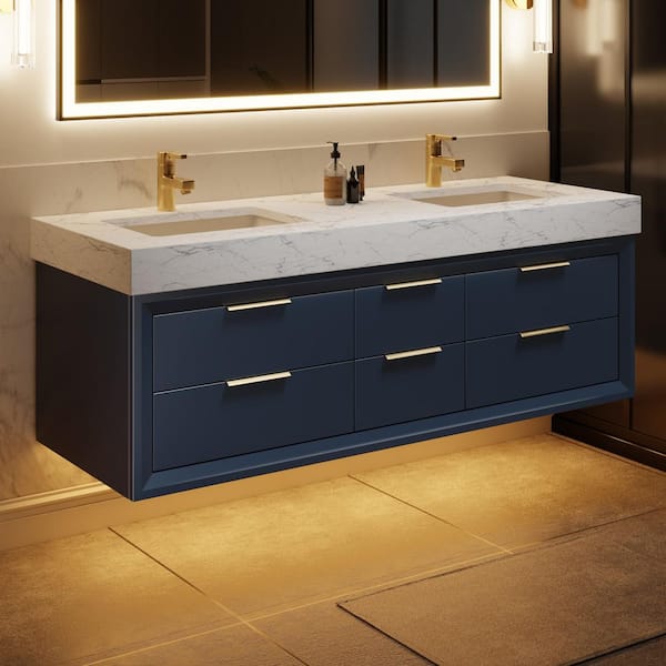 Liviza Bevel 60 in. Double Floating Blue Solid Wood Bath Vanity with ...