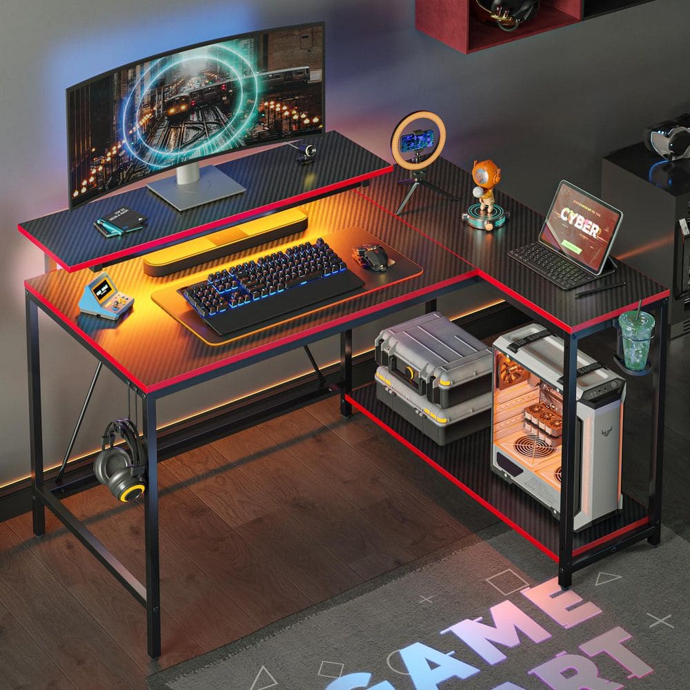 PINMOCO 42 in. L-Shaped Black Carbon Fiber Reversible Gaming Desk LED ...