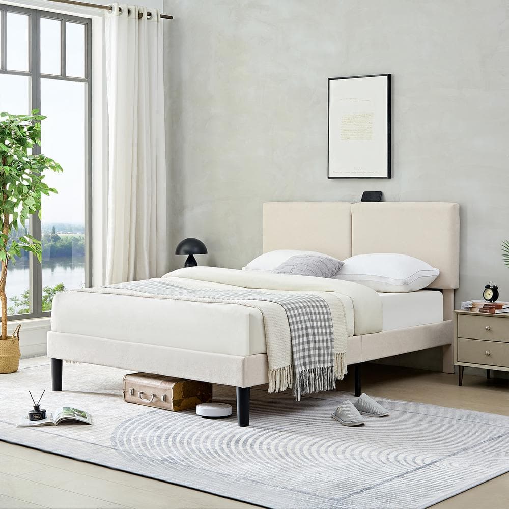 VECELO Bed Frame with Type-C and USB Ports, Upholstered Platform Height ...