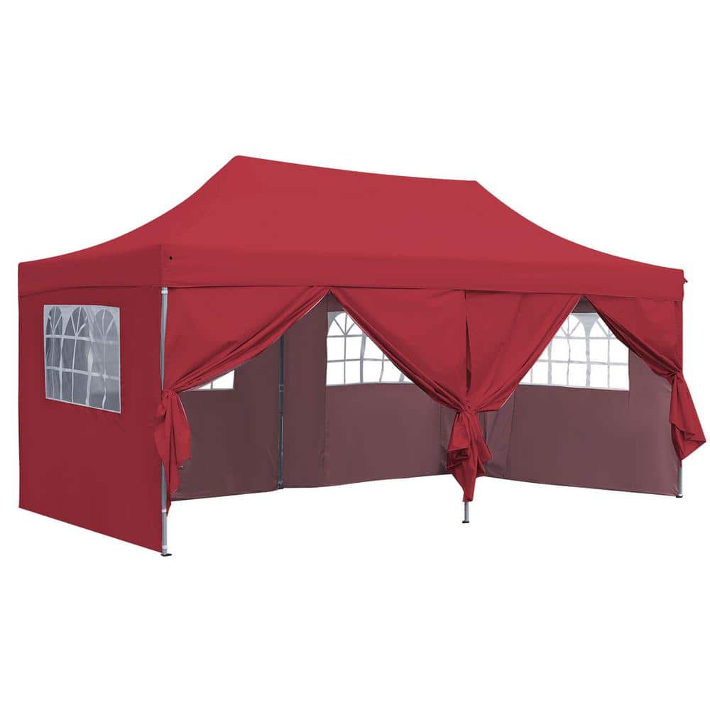 OVASTLKUY 10 ft. x 20 ft. Red Patio Outdoor Canopy Tent with 6-Side ...