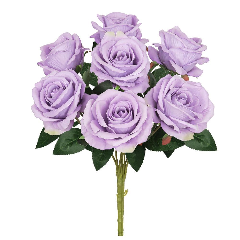 LIVING LUXURY 16 in. Lavender Artificial Velvet Rose Flower Stem Bush ...