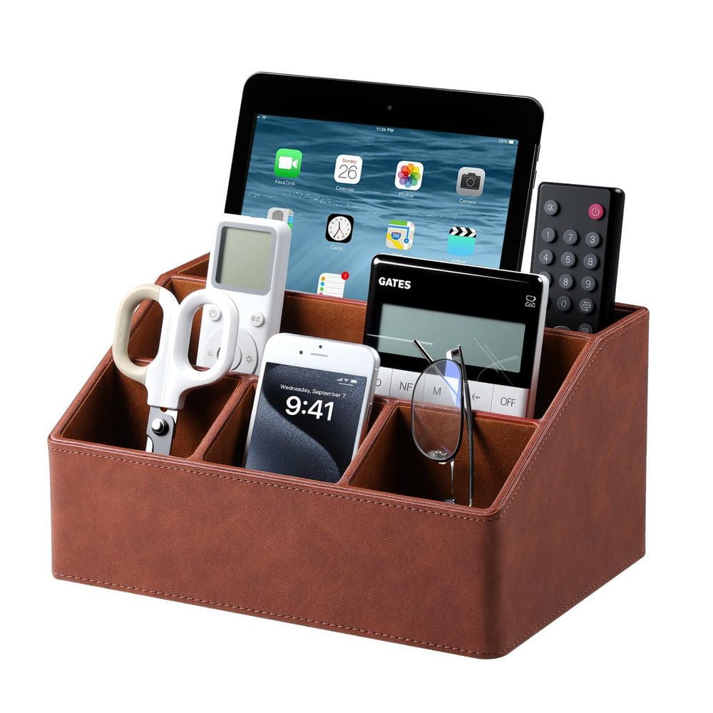 Brown PU Leather Remote Control Holder with 5 Compartments，7inx5. 5in ...