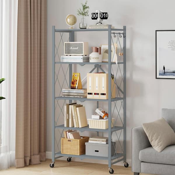5-Tier Foldable Metal Storage Rack with 3 Hooks, Grey Shelving Unit ...
