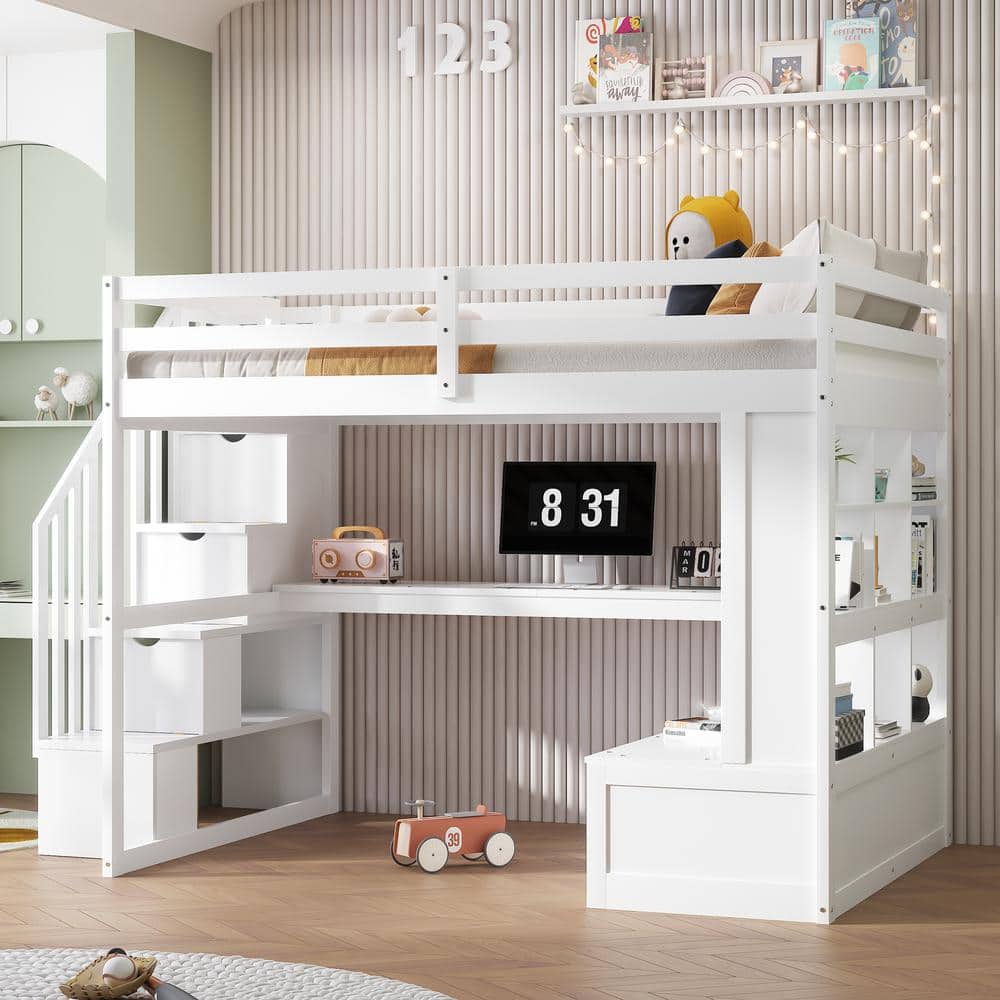 Harper Bright Designs White Full Size Wooden Loft Bed with Storage Staircase Built in Desk 2 Drawers Multiple Shelves QHS457AAE The Home Depot