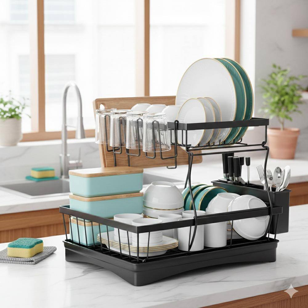 Lynzavix Black 2-Tier Large Capacity Detachable Dish Rack with Utensil ...