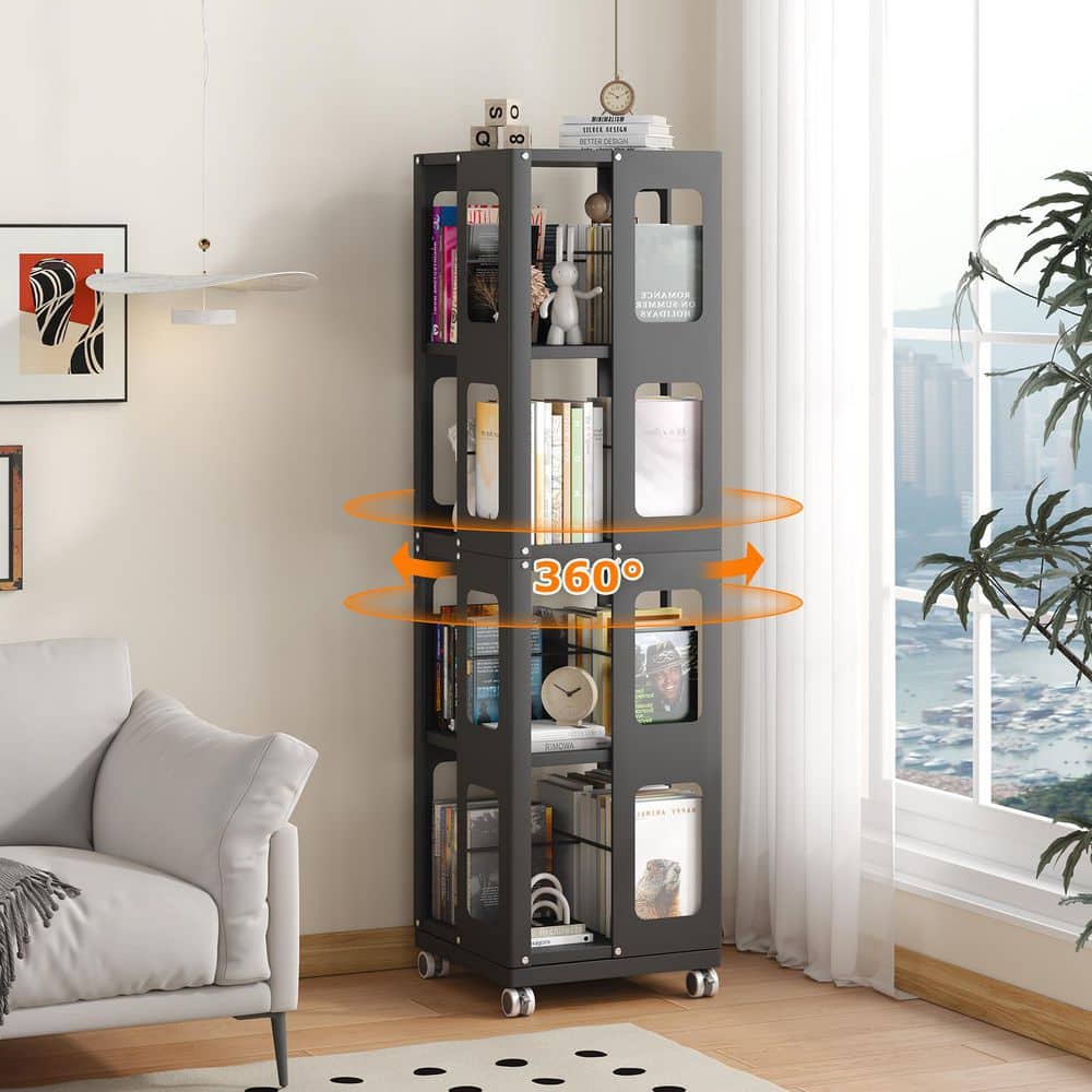 CSC DECOR INC 54.7 in. Tall Black Steel 4-Tier Rotating Bookcase with ...