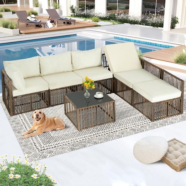Zeus & Ruta 7-Piece Outdoor Wicker Sectional Conversation Set with ...