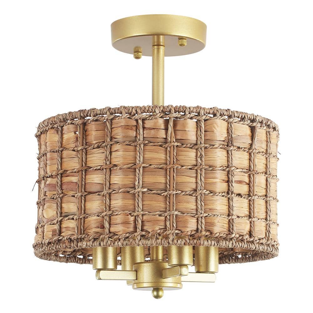 ADSENSTY 11.81 in. 4-Light Gold Drum Natural Rattan Seagrass Semi Flush ...