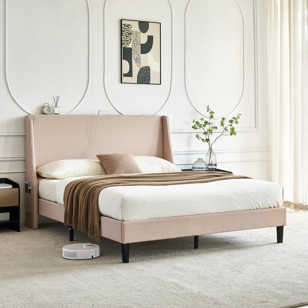 VECELO Upholstered Bed Frame with Headboard and Wingback, Beige Full ...