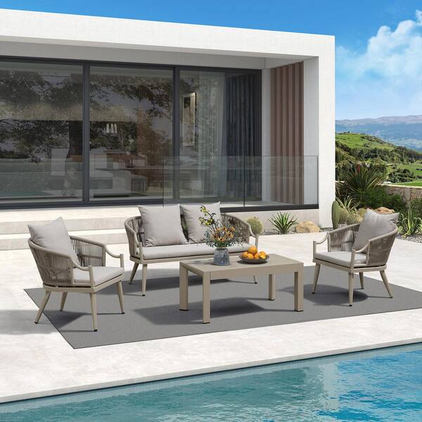 PURPLE LEAF 4-Piece Aluminum All-Weather Wicker Patio Conversation Set ...