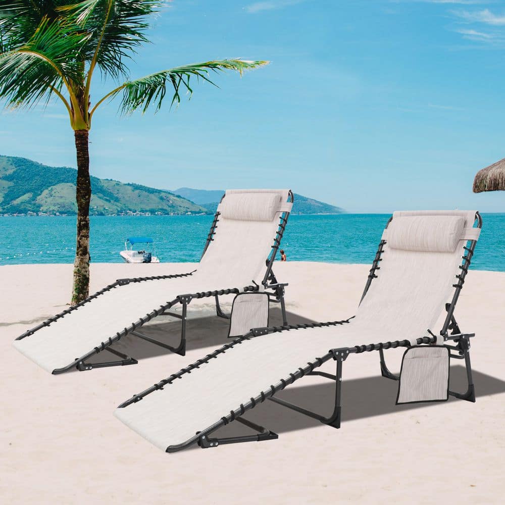 VEIKOUS 2-Piece Outdoor Folding Chaise Lounge Chairs Fully Flat for ...