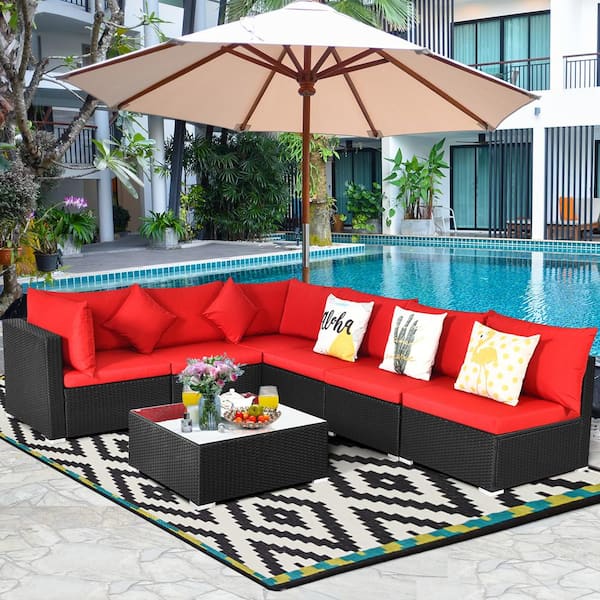 Costway 7 Piece Wicker Outdoor Sectional Set with Cushion Red QD 66B74 ARE
