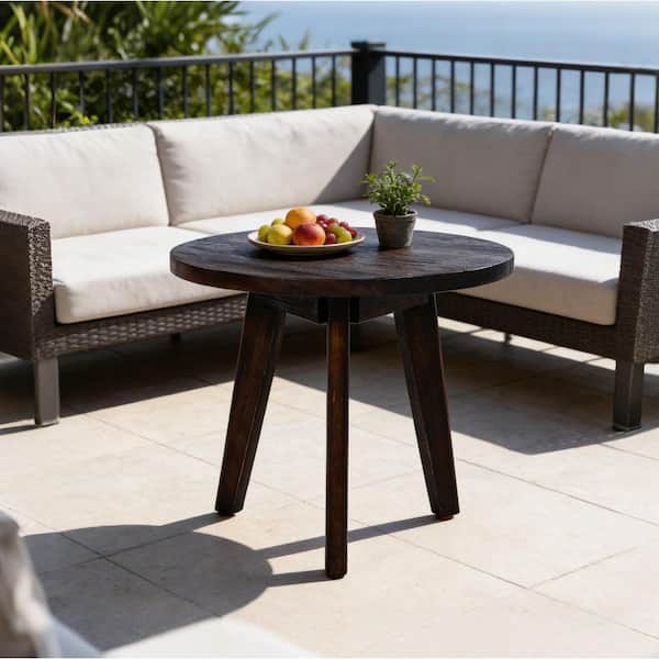 Dark Brown Round Acacia Wood Outdoor Side Table with Triangle Bracket ...