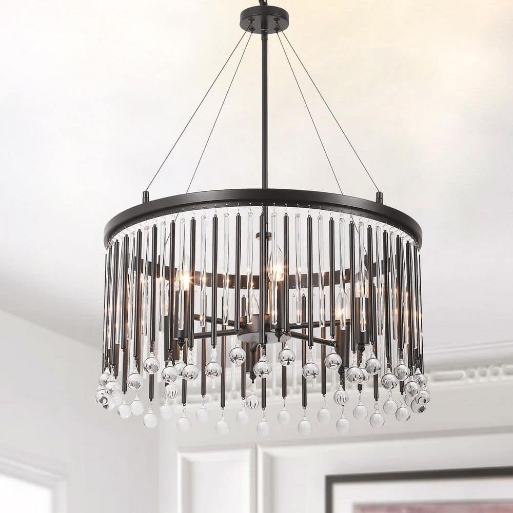 Rennnsan Kethry 6-Light Black Drum Chandelier with Raindrop Crystal ...