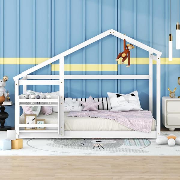 URTR White Twin Size Floor Bed with Shelf for Kids House Bed withShelf Montessori Floor Bed Frame with Slats T 02138 6 The Home Depot