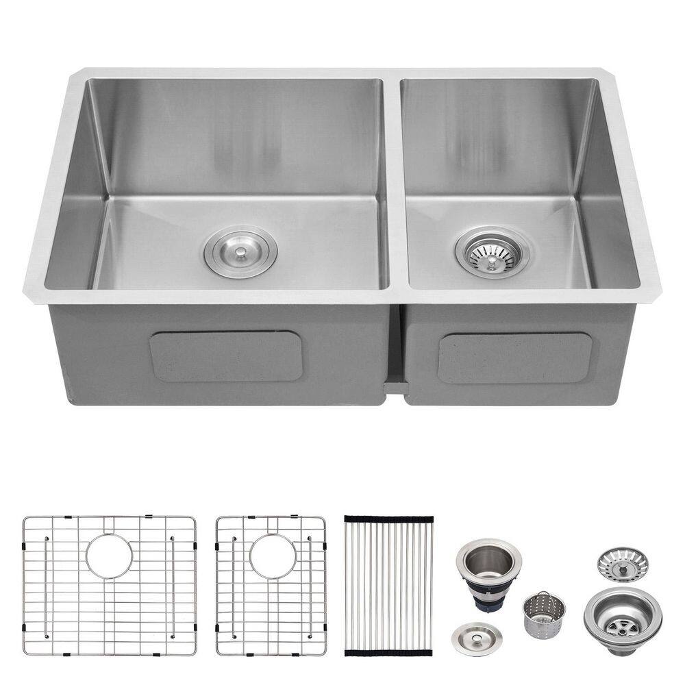 Logmey 32 in. Undermount Sink Double Bowl 60/40 Brushed 16 Gauge ...