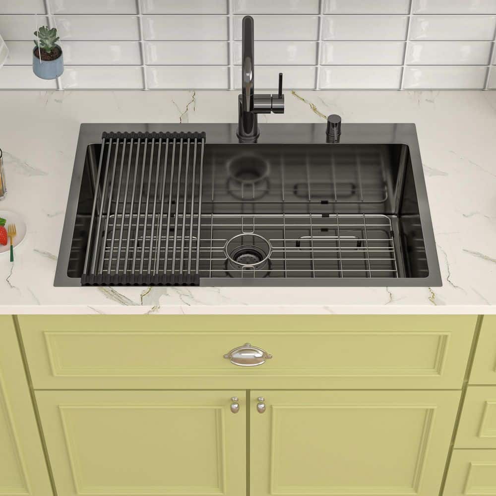 Qidian 30 in. Drop in Single Bowl 16-Gauge Gunmetal Black Stainless ...