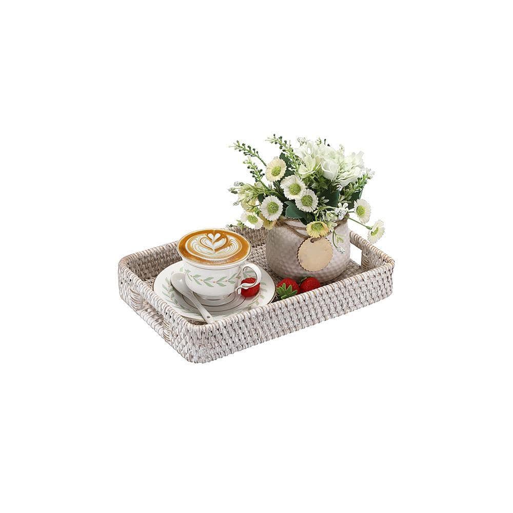 Hand Woven Tray with Handle White Wash Rattan 11. 8 x 7.9 x 2 in ...