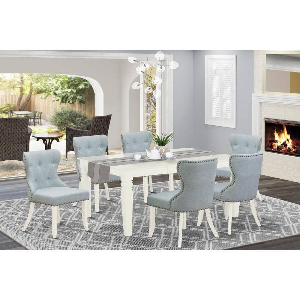 East West Furniture 7-Piece Linen white Solid Wood Top-Rectangular ...