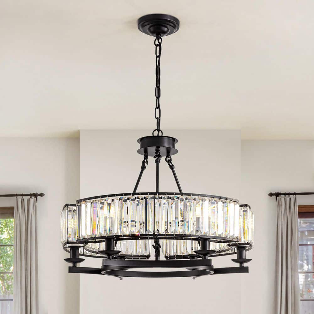 WDETR 26 in. Modern 6-Light Farmhouse Crystal Drum Matte Black Wagon ...