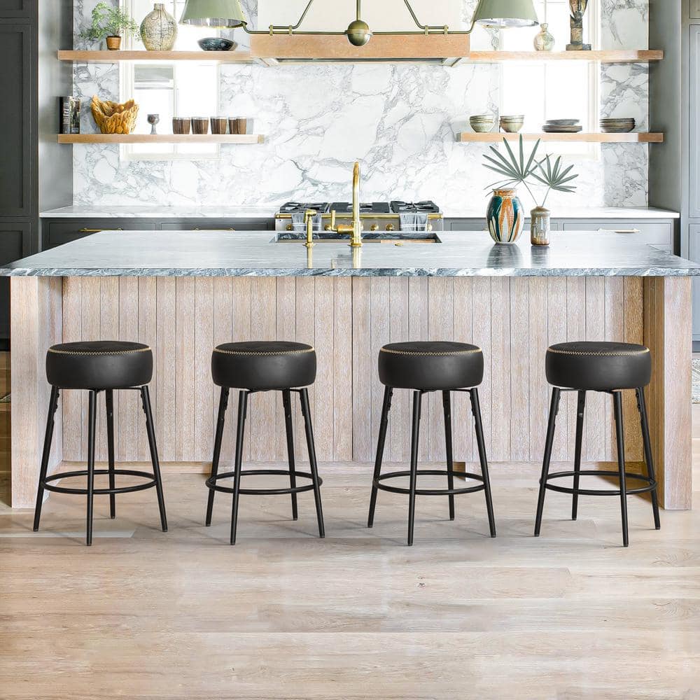 LUE BONA 24 in. 360°Swivel Black Faux leather metal Counter Height ...