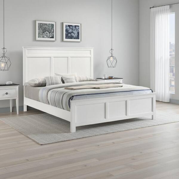 Benjara Aver White Wood Frame Queen Size Panel Bed with Transitional ...