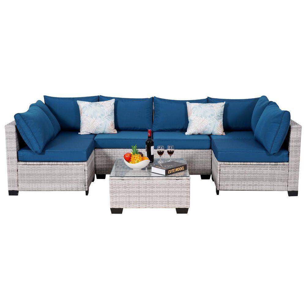 7 Pieces Gray White Wicker OutdoorPatio Sectional Sofa Sets with ...