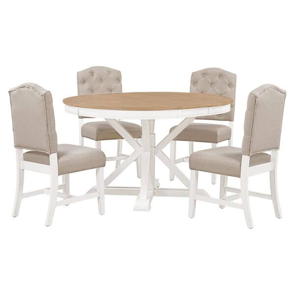 Polibi 5-Piece Retro Oak Natural Extendable Wood / Off White Wood Top ...
