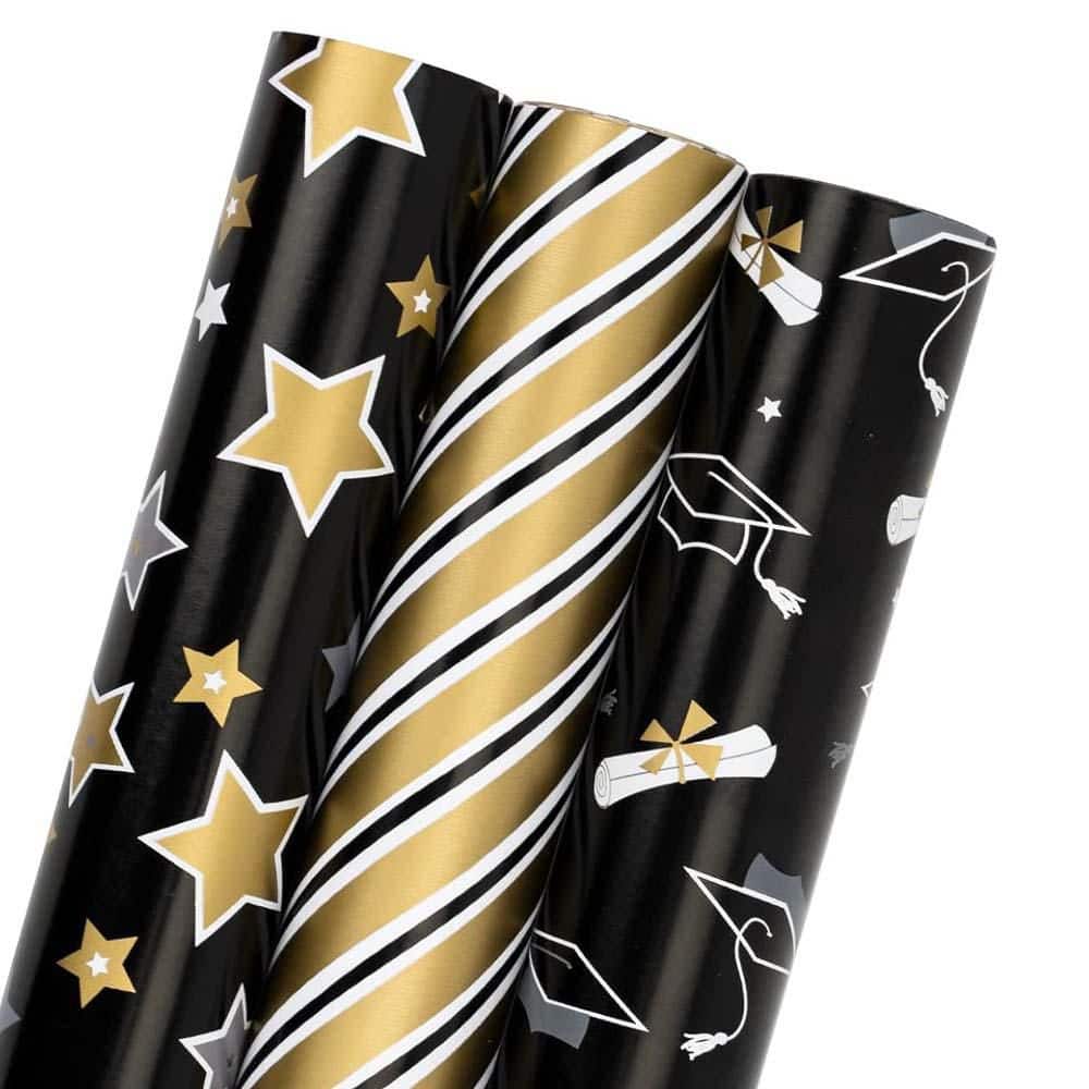 N/A Graduation Gift Wrapping Paper Roll Black Gold Foil Star Stripe ...