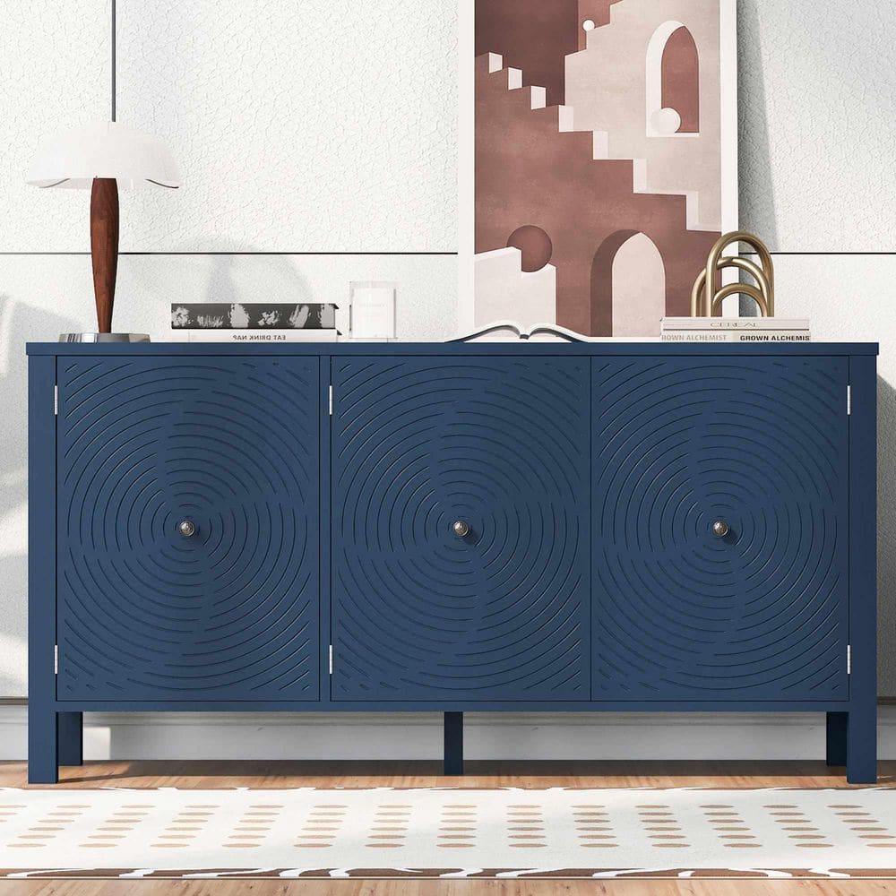 Polibi Navy Blue Wood 56.1 in. Sideboards with Curved Doors and ...