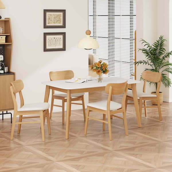 Polibi 5-Piece Rectangle Light Beige/White/Oak Wood Top Dining Room Set ...