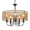 YANSUN 5-Light Modern Farmhouse Brown Round Rattan Pendant Rattan Drum ...