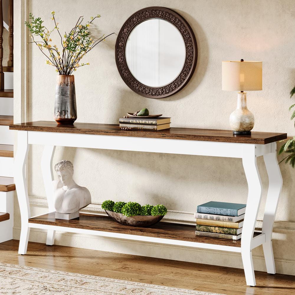 BYBLIGHT 70.9 in. White and Brown Rectangle MDF Long Console Table with ...
