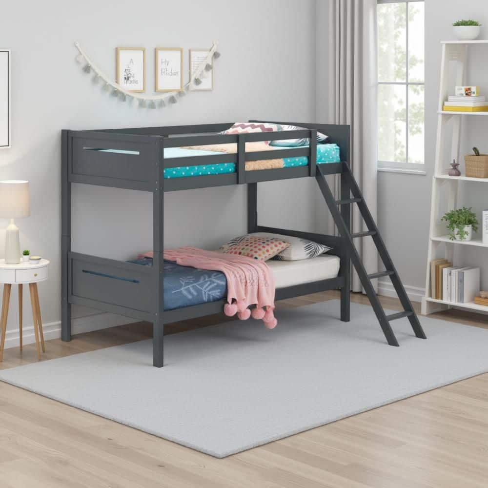 Benjara Amey Gray Twin Over Twin Bunk Bed with Guard Rails and Attached Ladder BM302718 - The ...