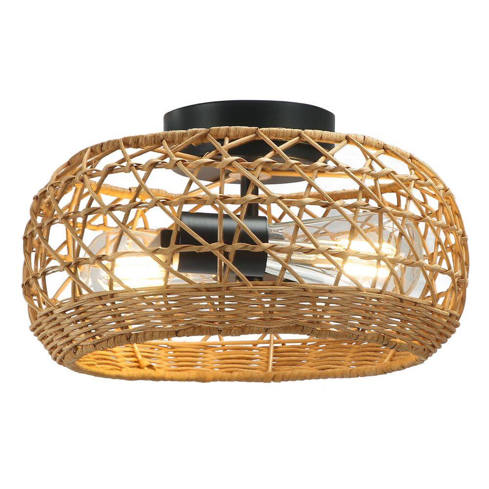 BYBLIGHT 11.8 in. 2-Light Farmhouse Rattan Ceiling Light, Hand-woven ...