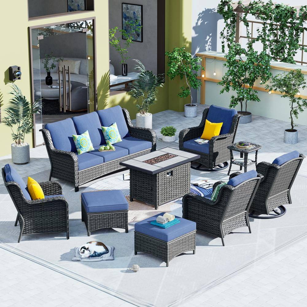 OVIOS Joyoung Gray 9-Piece Wicker Patio Rectangle Fire Pit Conversation ...