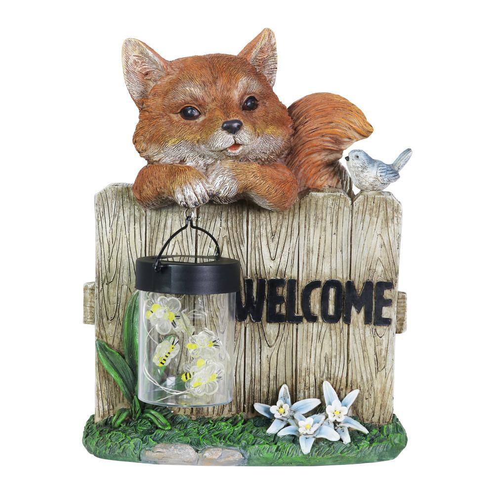 Exhart Solar Hand Painted Fox with a Lantern Jar of LED Fireflies by a ...