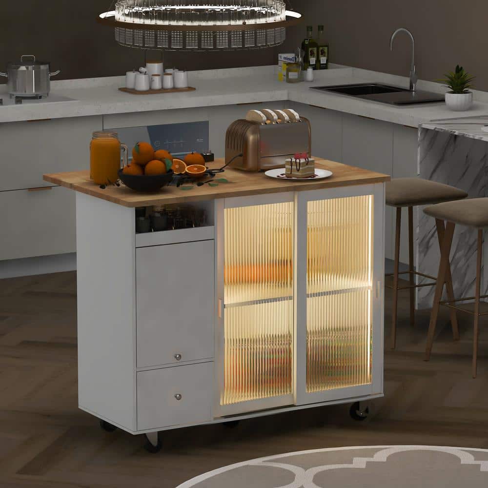 tunuo White Wood 44 in. Kitchen Island with Drop Leaf, Kitchen Cart ...