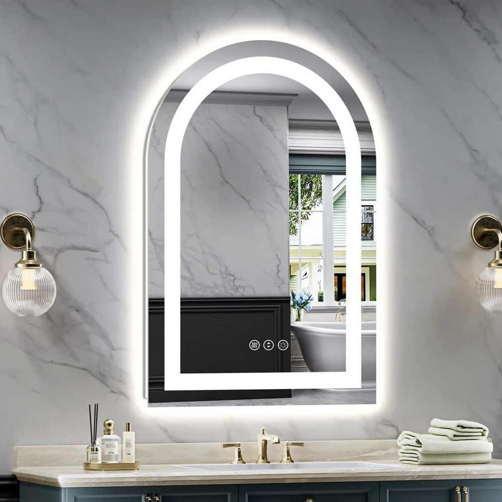 KIOTEE 24 in. W x 36 in. H Arched Frameless Front & Back Lighted Anti ...