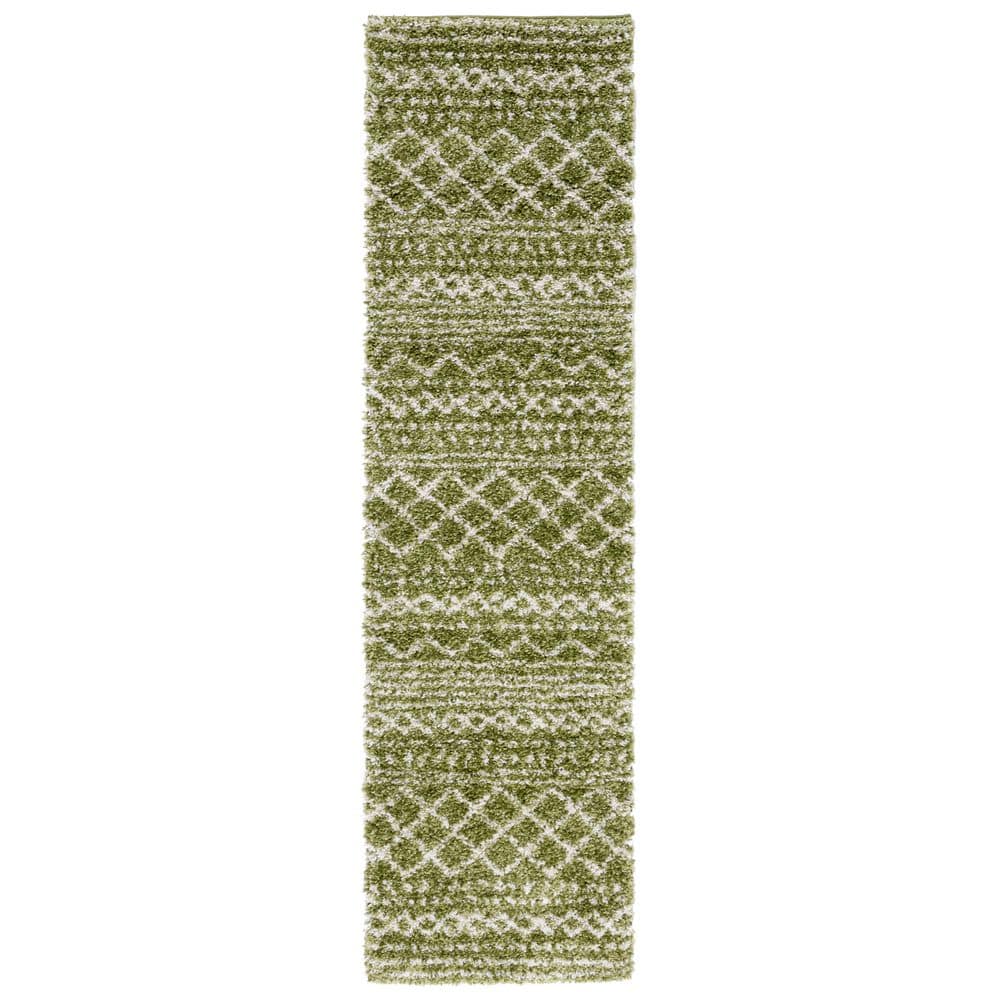 SAFAVIEH Arizona Shag Green/Ivory 2 ft. x 10 ft. Geometric Lodge Runner ...