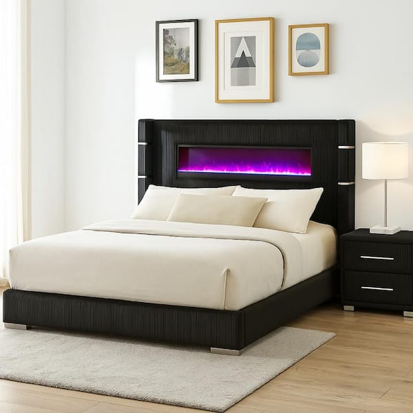Benjara Caro Black Corduroy Upholstery Wood Frame King Size Panel Bed ...