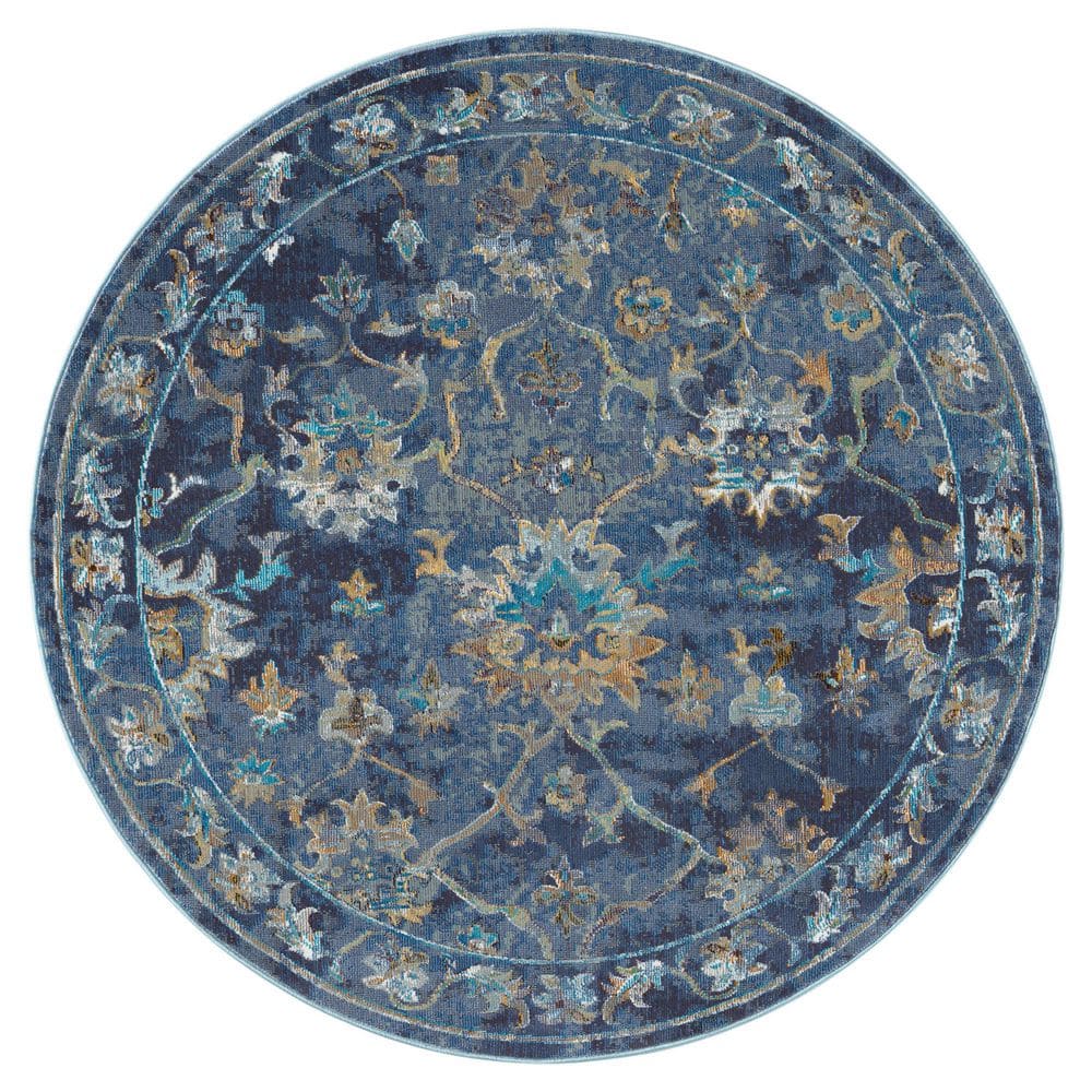 Gracie Jacobean Indigo/Multi 5 ft. Round Floral Border Persian Indoor ...