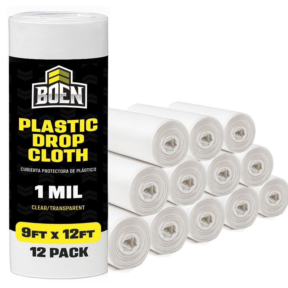 BOEN Painters Plastic Sheeting 9 ft. x 12 ft. 1 Mil Clear Plastic Drop ...