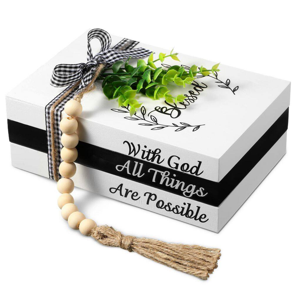 Black, White Rustic Faux Stacked Books Decor Set of 3, Farmhouse Wooden ...