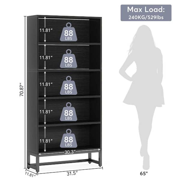 BYBLIGHT Eulas 70.8 in. Tall Black Wood 5-Shelf Standard Bookcase with ...