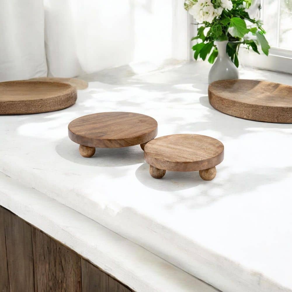 Liv & Skye 8/10 in. Brown Wood Round Risers Decorative Tray 17635-02 ...
