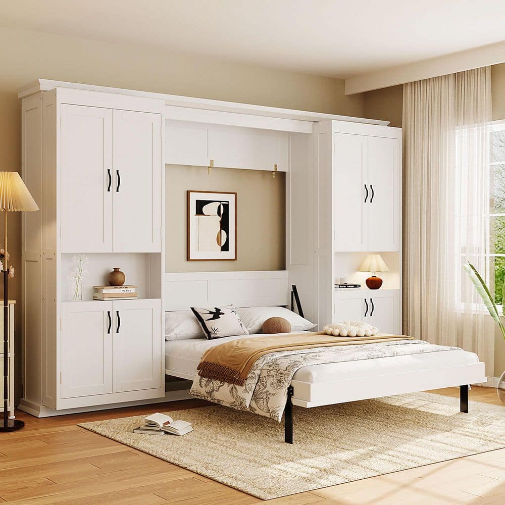 Harper & Bright Designs White Wood Frame Full Size Murphy Bed with Dual ...